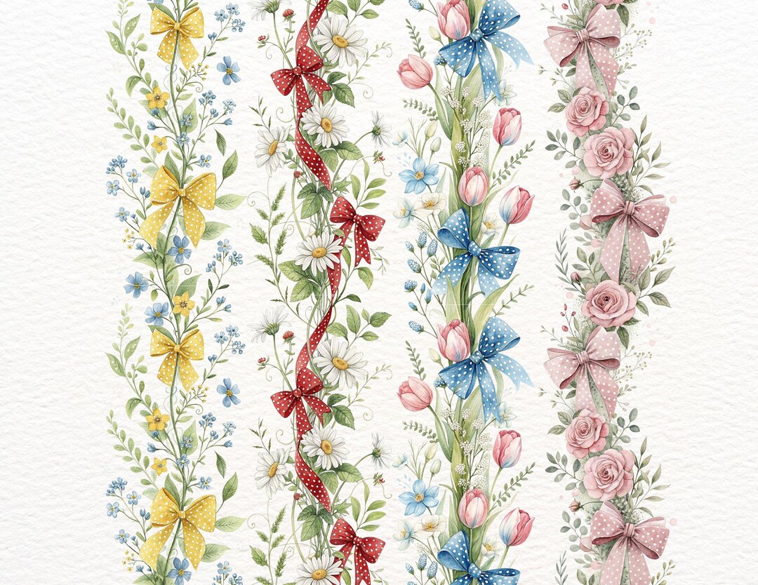 20 Vertical Seamless Floral Borders With Bows, Watercolor Ribbon Edge ...
