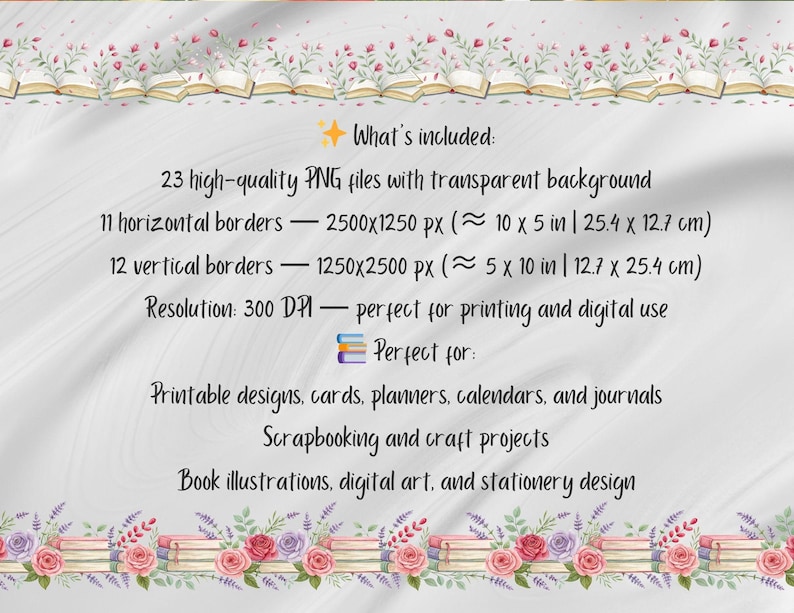 23 Watercolor Floral Book Borders Clipart | Seamless Book Frames PNG ...