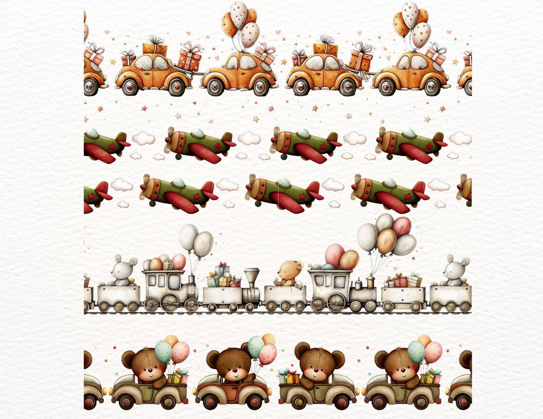 21 Seamless Boys Birthday Borders Clipart | Cars, Airplanes & Trains ...