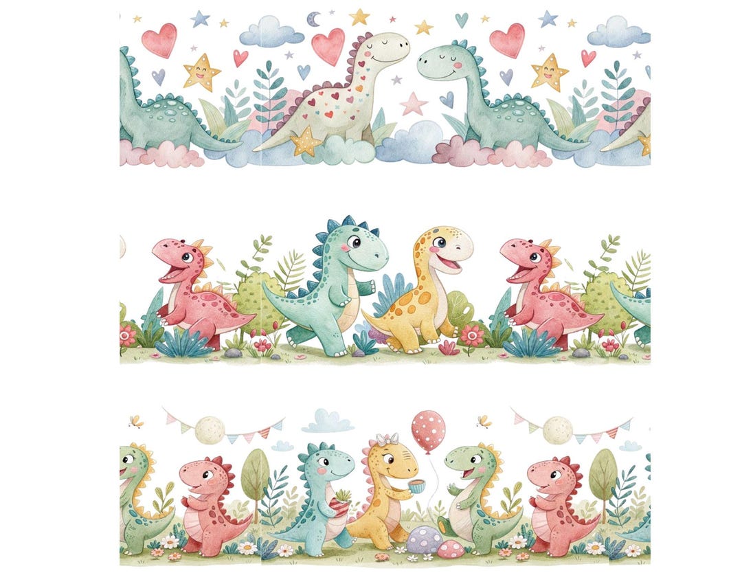 Cute Dinosaur Birthday Borders Clipart – 11 Seamless Watercolor Borders ...