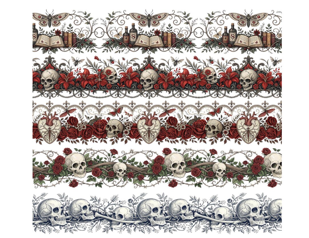 17 Seamless Macabre Borders PNG – Gothic Horizontal Ornaments, Dark ...