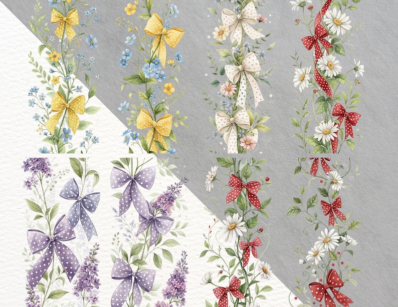 20 Vertical Seamless Floral Borders With Bows, Watercolor Ribbon Edge ...