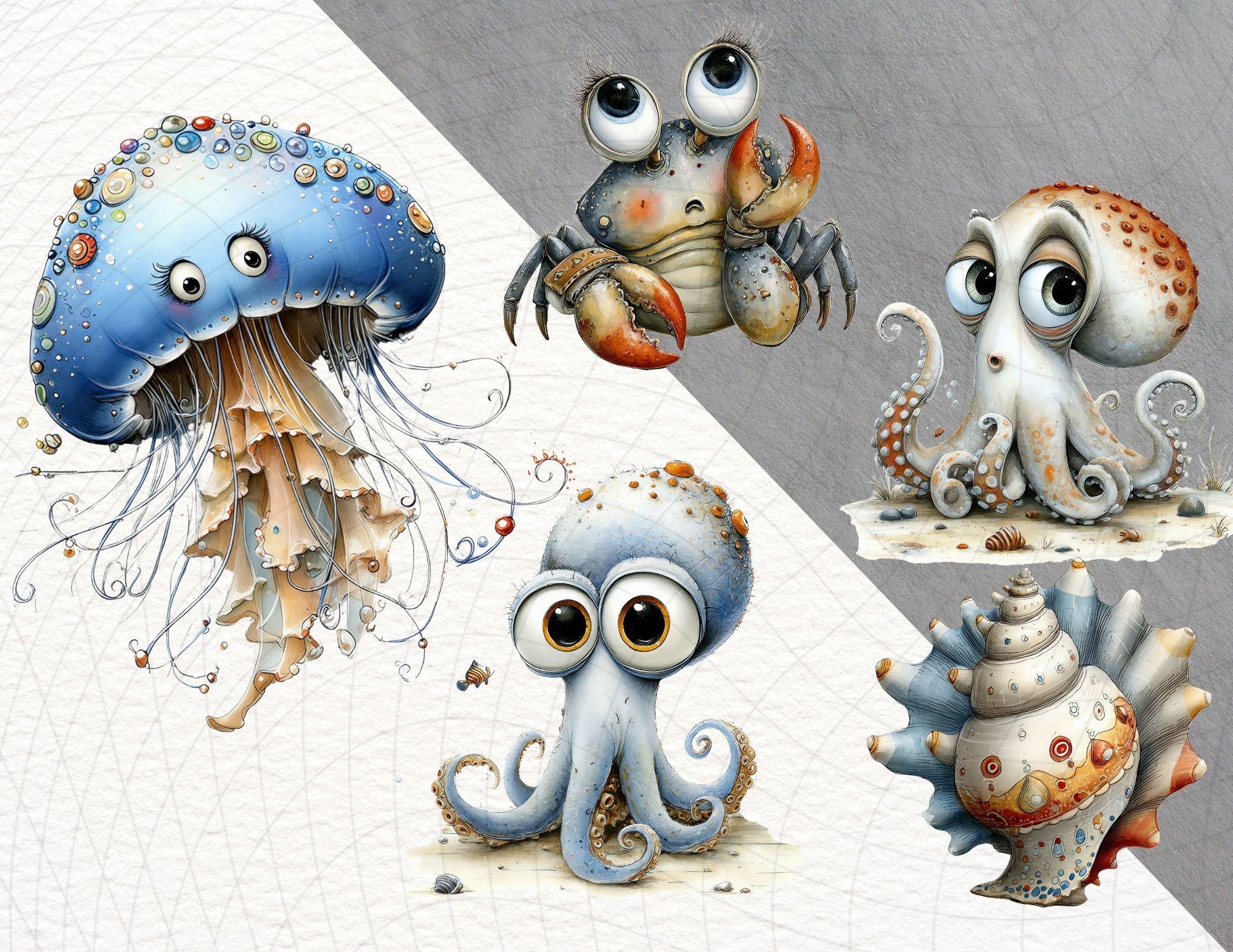 32 Cute Ocean Animals Clipart | Sea Animals Watercolor Illustration PNG ...