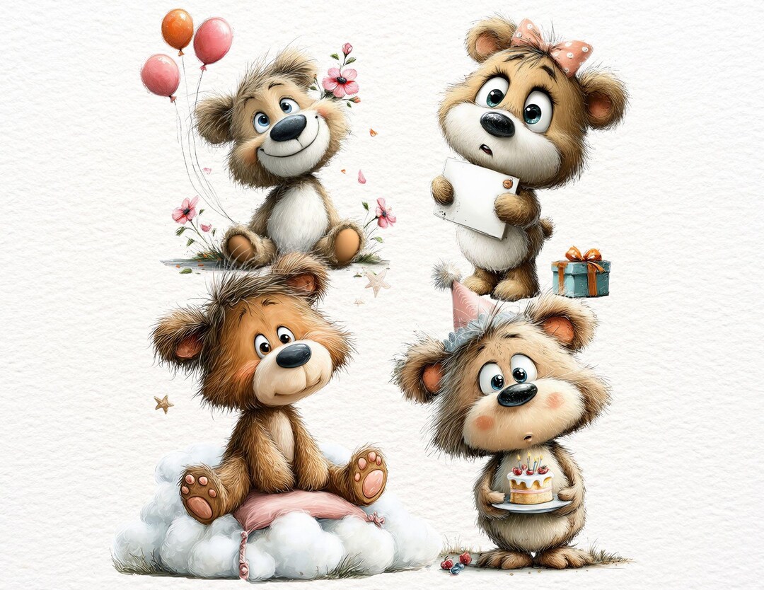 21 Cute Teddy Bear Birthday Clipart | Kids Party Watercolor ...