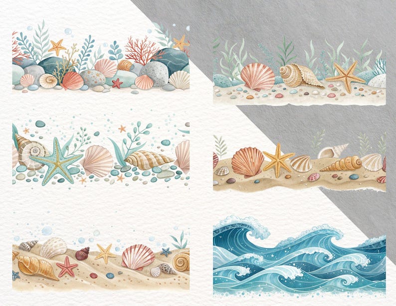 Seamless Sea Borders Clipart – 12 Watercolor Ocean Wave & Shell Borders ...