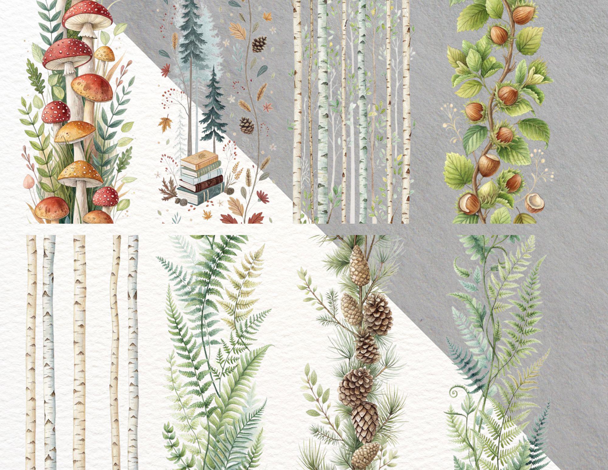 30 Seamless Forest Borders Clipart | Watercolor Trees, Mushrooms, Cones ...