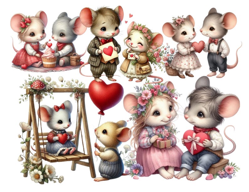 Watercolor Love Mice Clipart, Cute Valentine’s Day PNG, Romantic Mouse ...