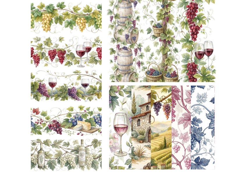 Seamless Wine and Grapes Border Clipart, 30 Watercolor Horizontal and ...