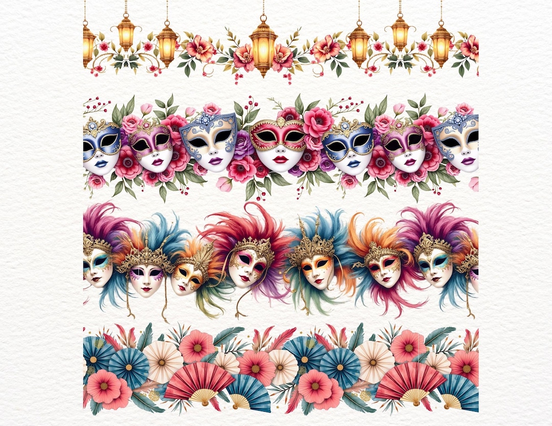 12 Venetian Carnival Seamless Borders | Masquerade Mask Floral Border ...
