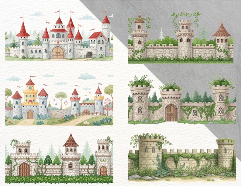 13 Seamless Castle Borders – Cute Medieval Fortress Clipart, Horizontal ...