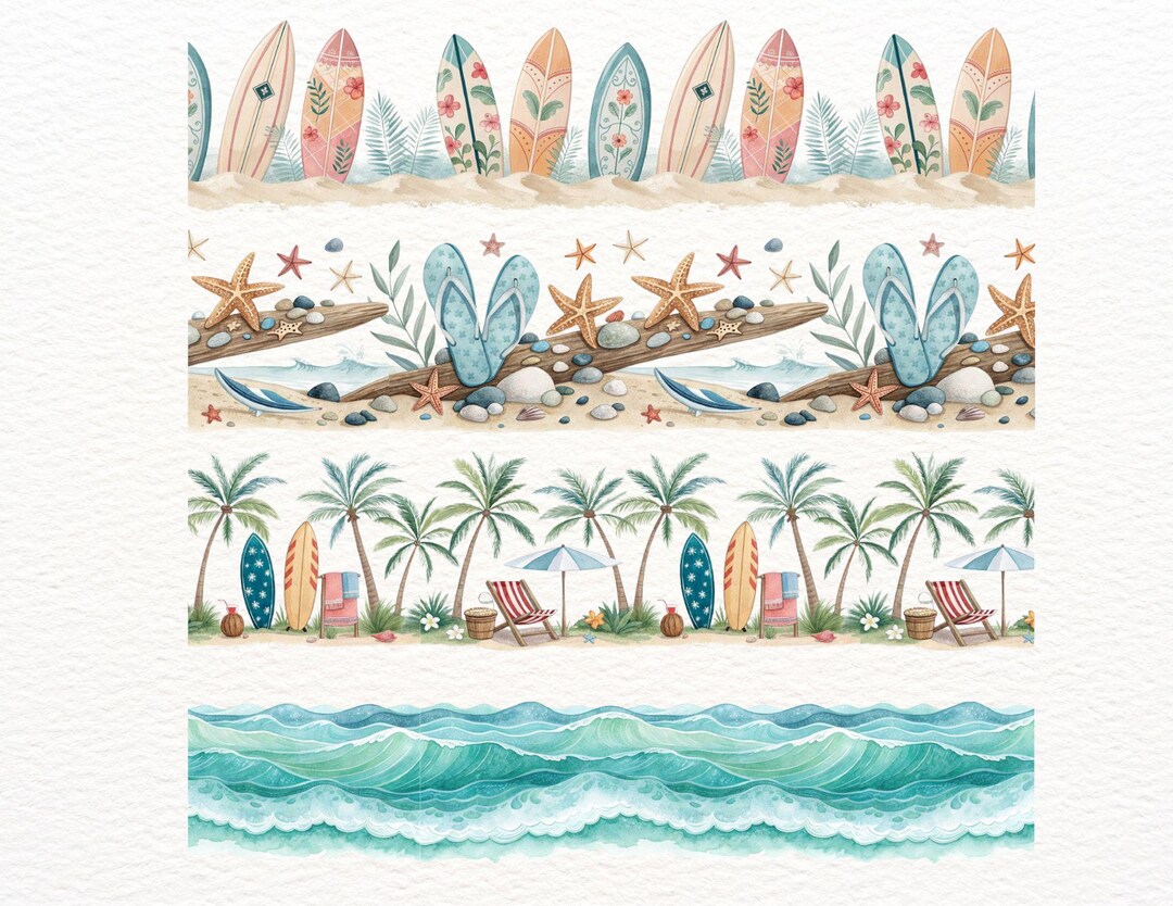 22 Watercolor Seamless Surfing Beach Borders – Summer PNG Clipart, Surf ...