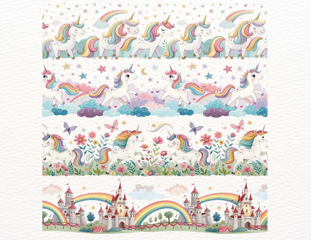Unicorn Birthday Seamless Borders Clipart – 12 Cute Fairy Unicorn PNG ...