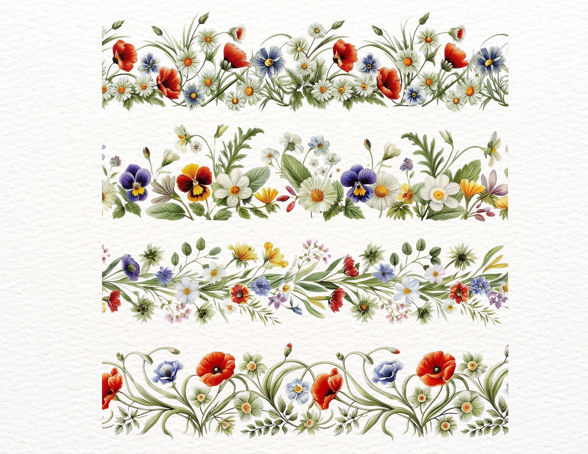 18 Seamless Floral Borders Clipart | Poppies, Daisies, Cornflowers PNG ...