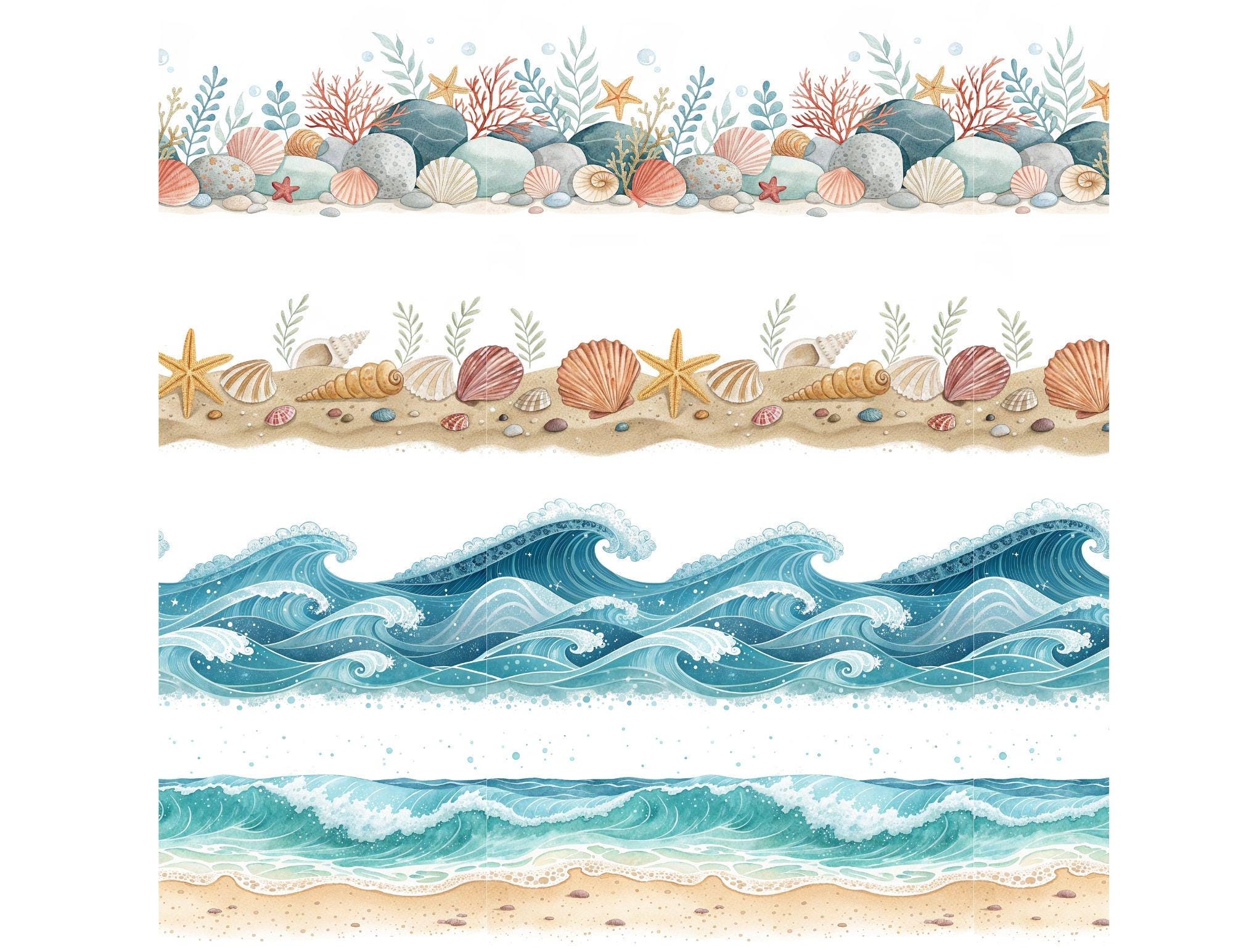Seamless Sea Borders Clipart – 12 Watercolor Ocean Wave & Shell Borders ...