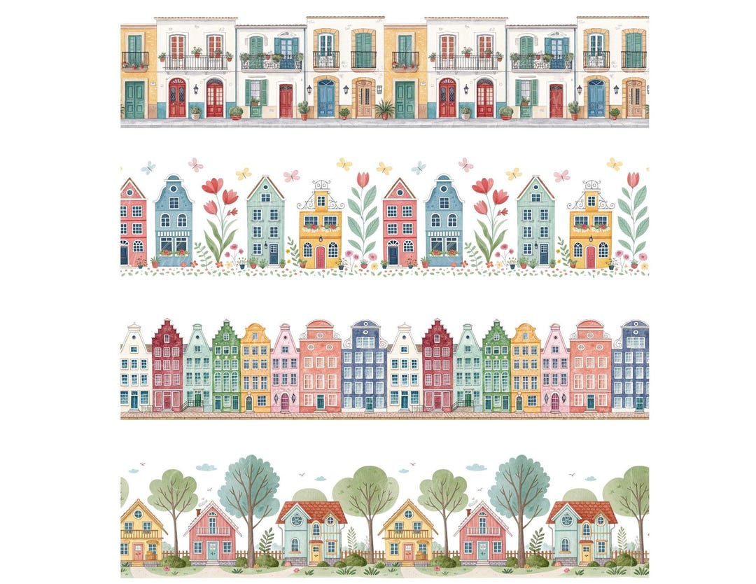 23 Seamless Borders Whimsical Houses, City and Cottage Borders, PNG ...