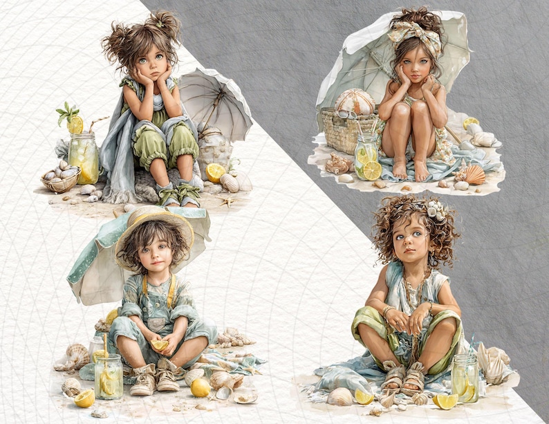 Cute Beach Kids Watercolor Clipart | 28 Summer Ocean Children PNG ...