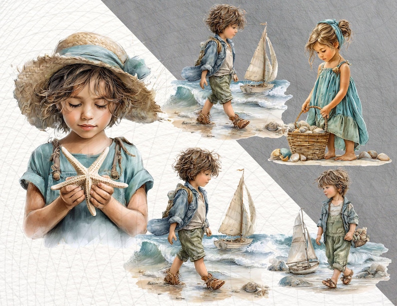 Cute Beach Kids Watercolor Clipart | 28 Summer Ocean Children PNG ...