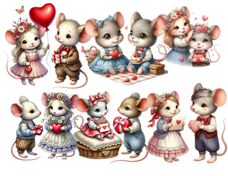 Watercolor Love Mice Clipart, Cute Valentine’s Day PNG, Romantic Mouse ...