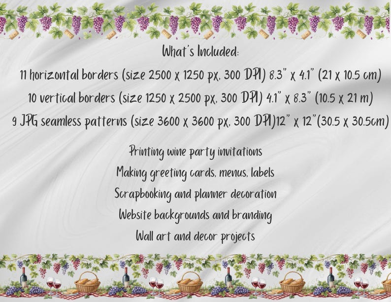 Seamless Wine and Grapes Border Clipart, 30 Watercolor Horizontal and ...