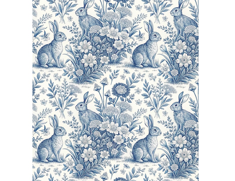 Blue Toile De Jouy Bunny Seamless Pattern, Easter Rabbit Digital Paper ...