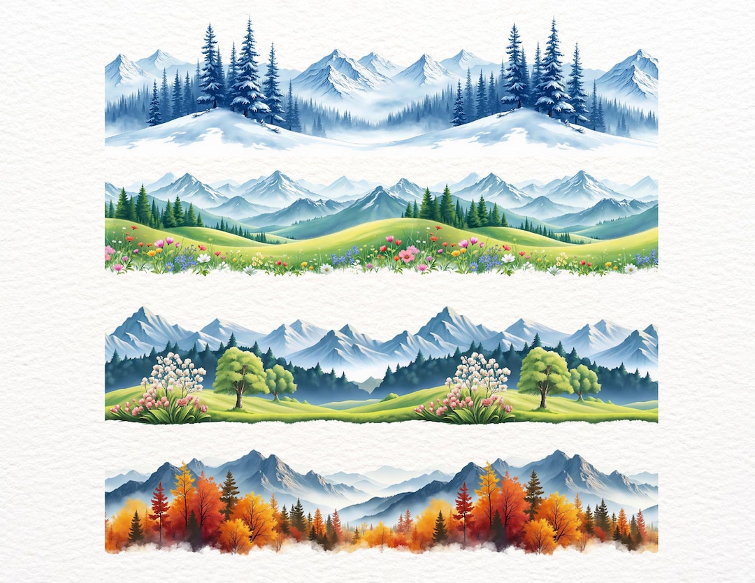 18 Seamless Mountain Border Clipart | Continuous Mountain Landscape PNG ...