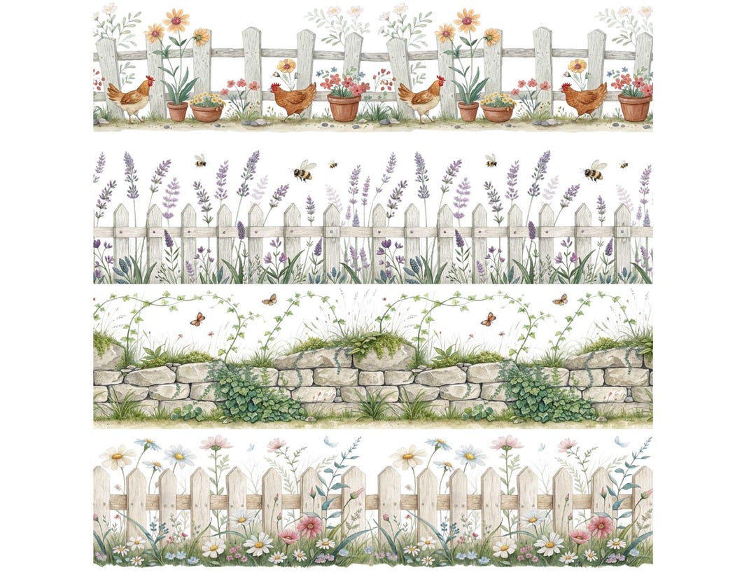Seamless Floral Fence Borders –30 Watercolor Clipart, Whimsical Country ...