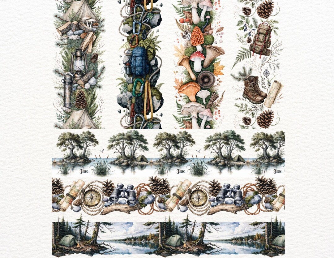 20 Camping Seamless Borders Clipart | Forest Hiking Watercolor Frames ...