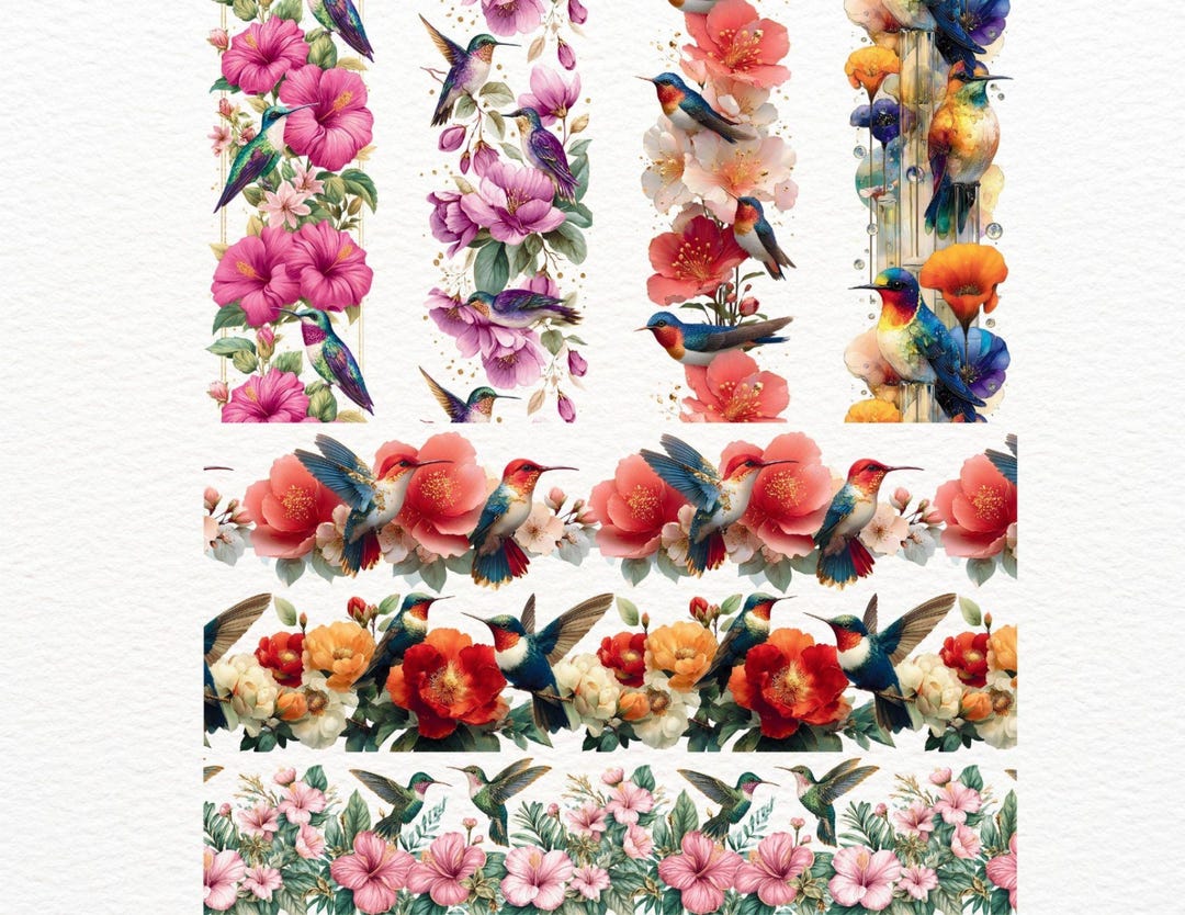 14 Seamless Hummingbird Borders Clipart | Floral Hummingbird Continuous ...
