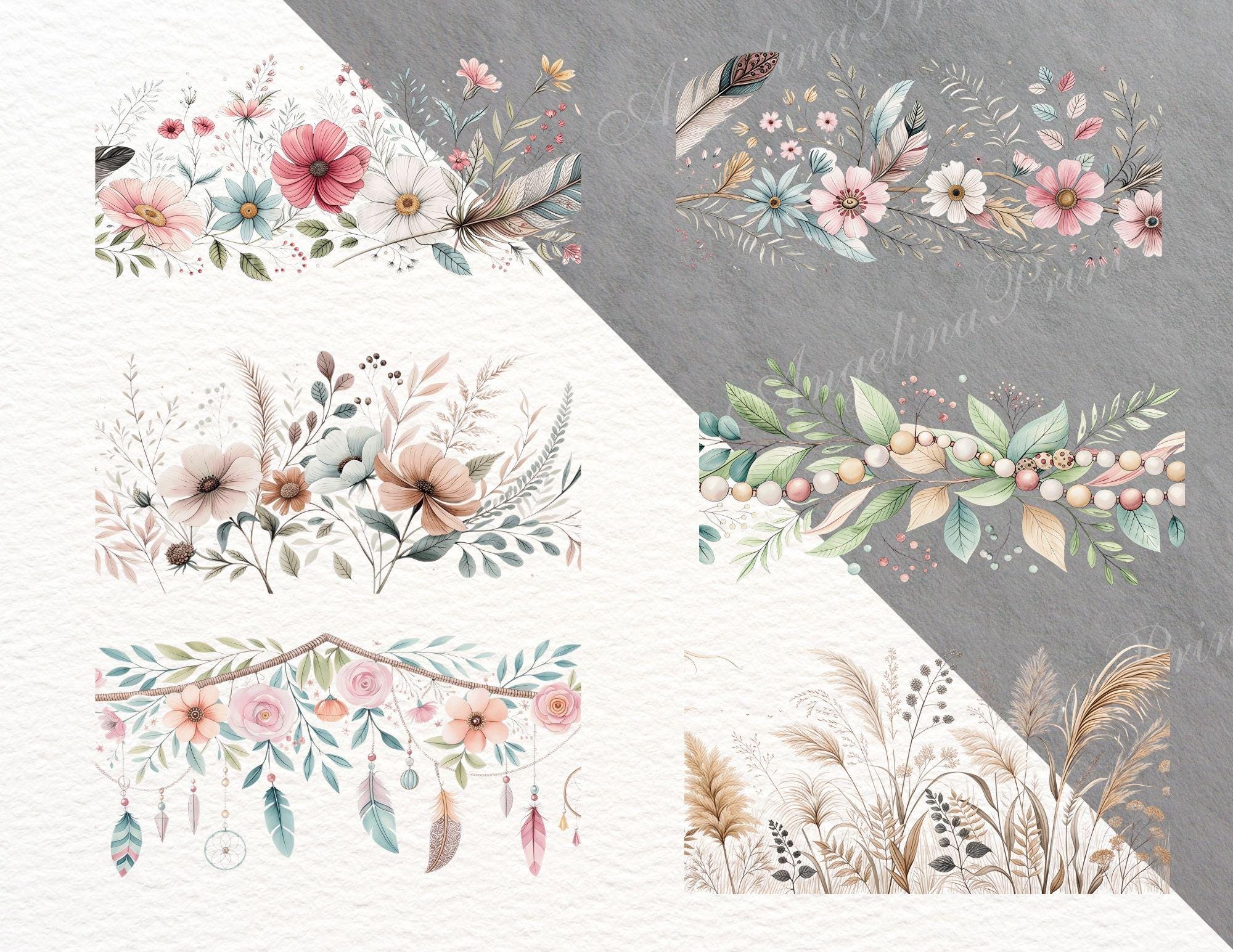 17 Boho Floral Seamless Borders – Watercolor PNG Digital Strips for ...