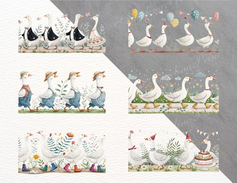 19 Funny Goose Seamless Border, Goose Party Digital Paper, Cartoon ...