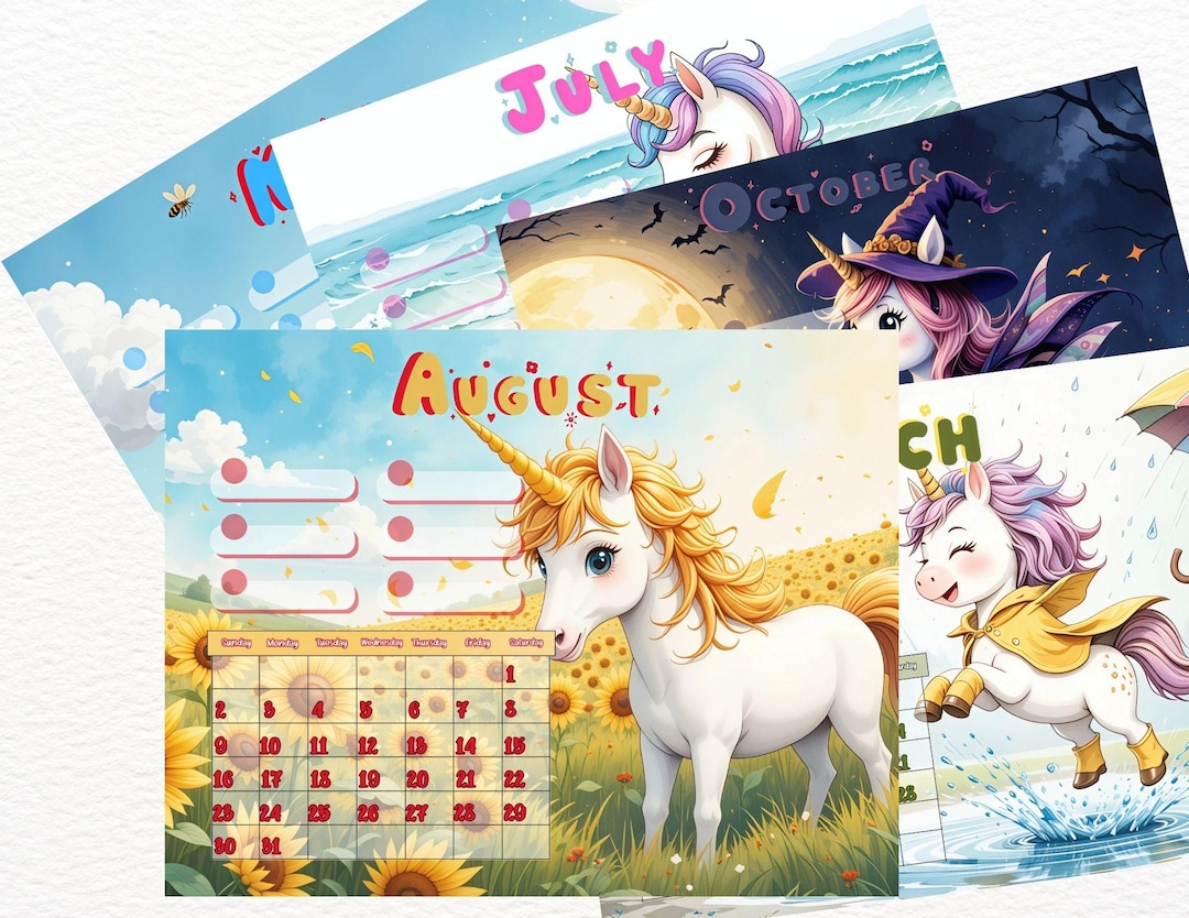 Adorable 2026 Kids Calendar With Cute Unicorns | Watercolor Cartoon ...