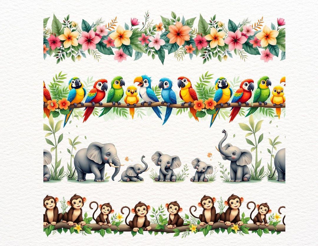 25 Seamless Jungle Animal Borders | Cute Jungle Animals Clipart PNG ...