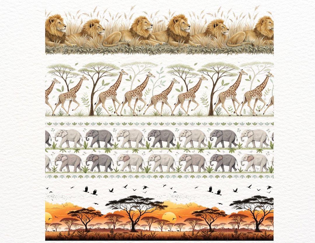 28 African Seamless Borders , Safari Animal Clipart, Baobab, Lion ...