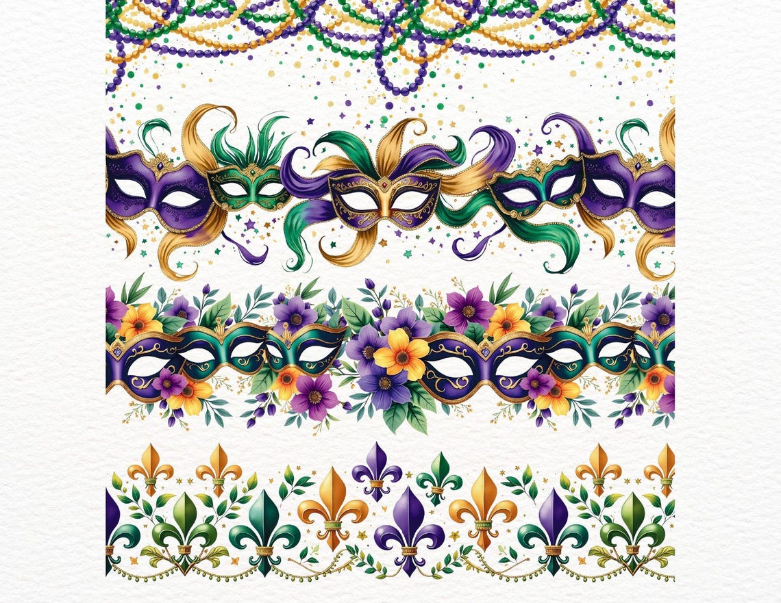 14 Mardi Gras Seamless Borders Clipart | Masquerade Mask Floral Border ...