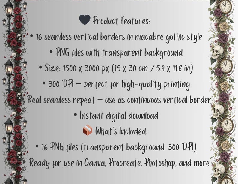 16 Vertical Seamless Gothic Borders, Macabre Dark Ornament PNG, Horror ...