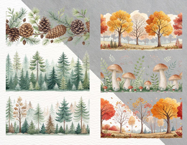 30 Seamless Forest Borders Clipart | Watercolor Trees, Mushrooms, Cones ...