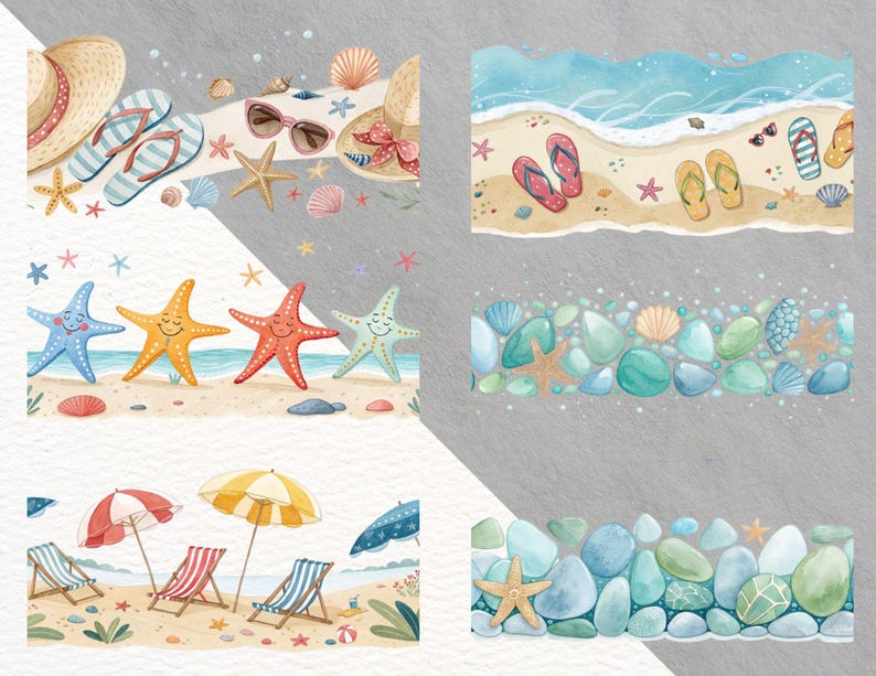 Hello Summer Seamless Beach Borders – Watercolor Ocean Shore Clipart ...