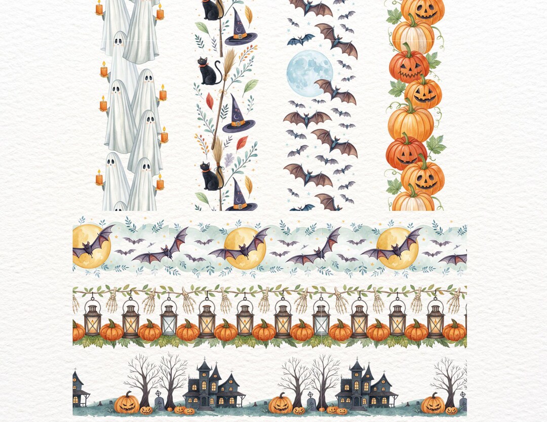 Cute Halloween Seamless Borders Clipart | 29 Cartoon Castle, Black Cat ...