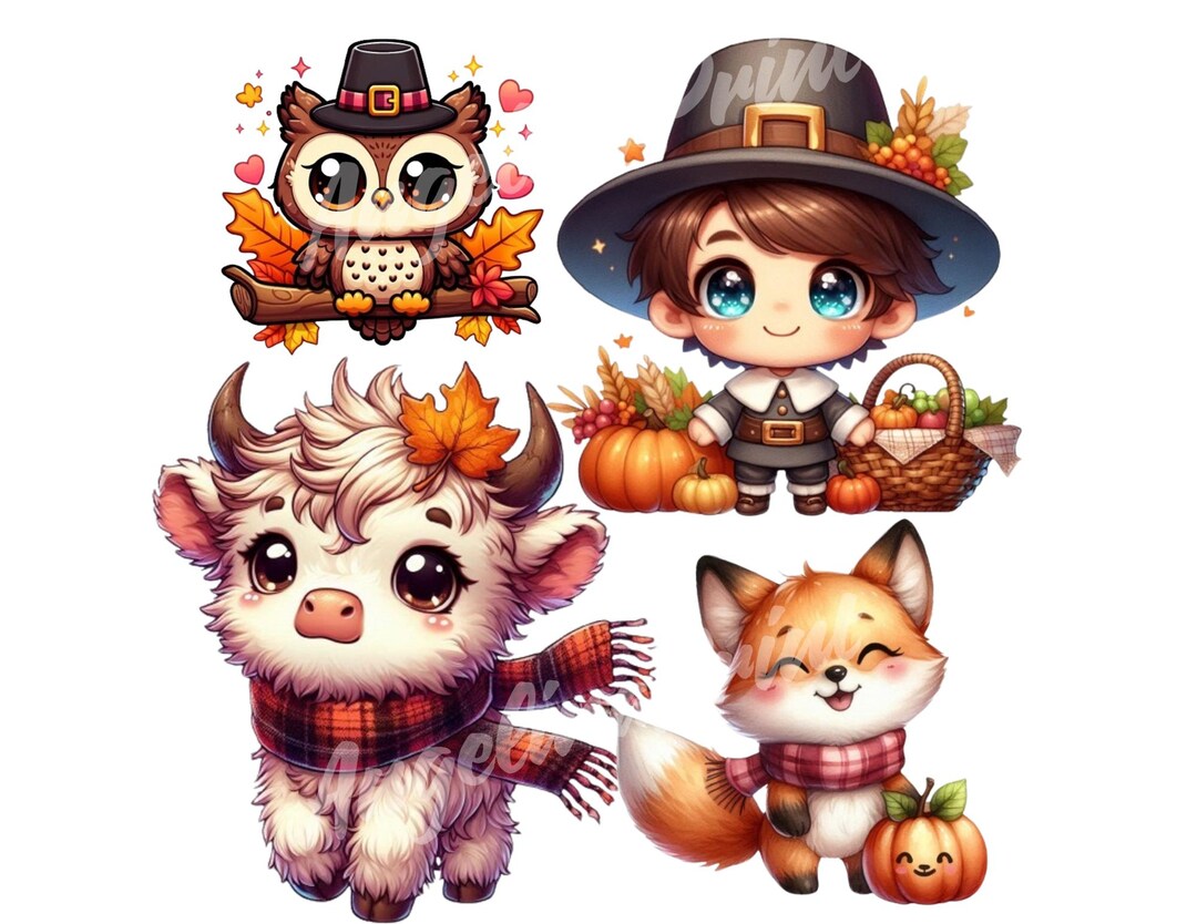 27 Cute Thanksgiving Clipart – Kids, Pumpkin, Fox, Calf, Watercolor PNG ...