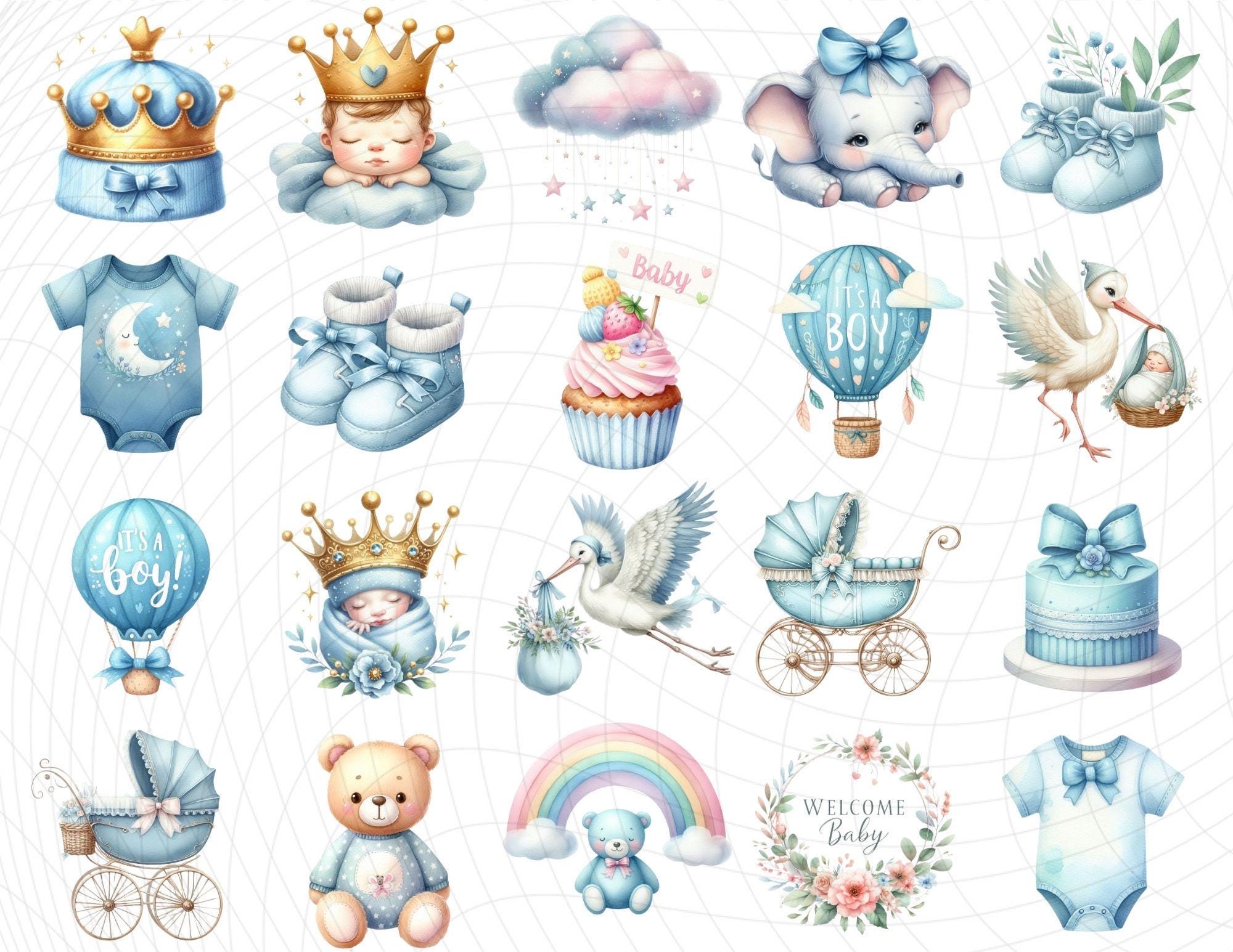 42 Blue Baby Shower Clipart, Watercolor Newborn Illustrations, First ...