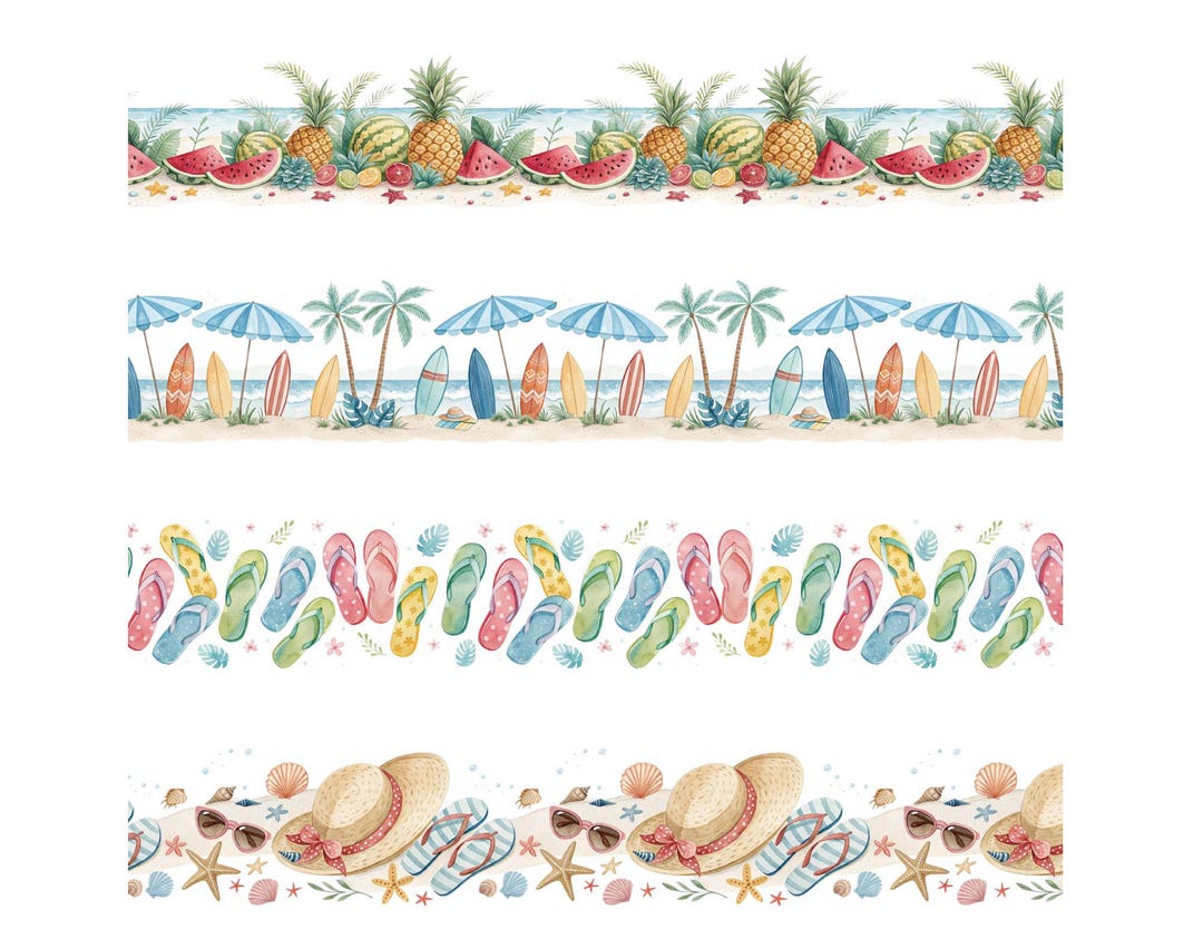 Hello Summer Seamless Beach Borders – Watercolor Ocean Shore Clipart ...