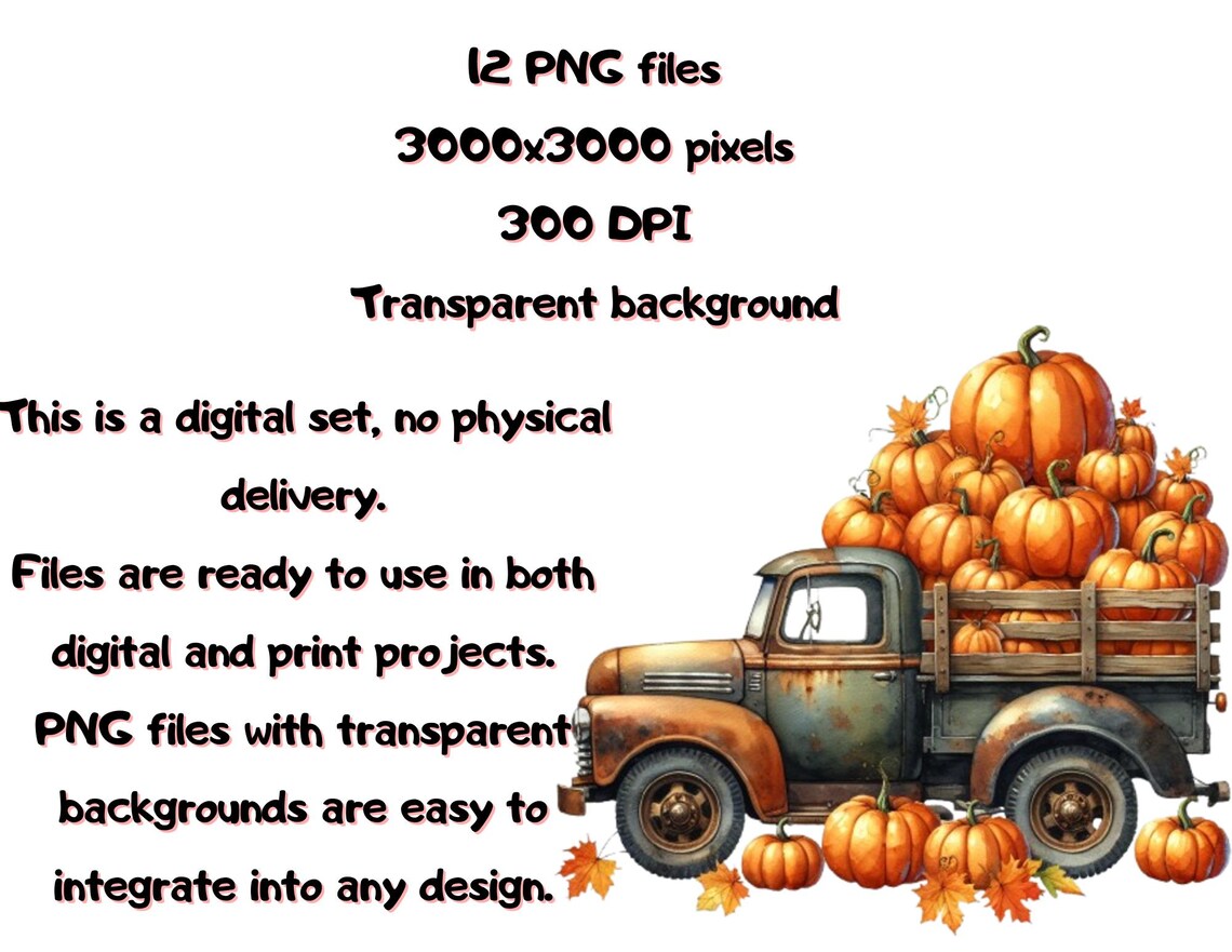12 Vintage Pumpkin Truck Clipart - PNG for Printing, Scrapbooking, and ...