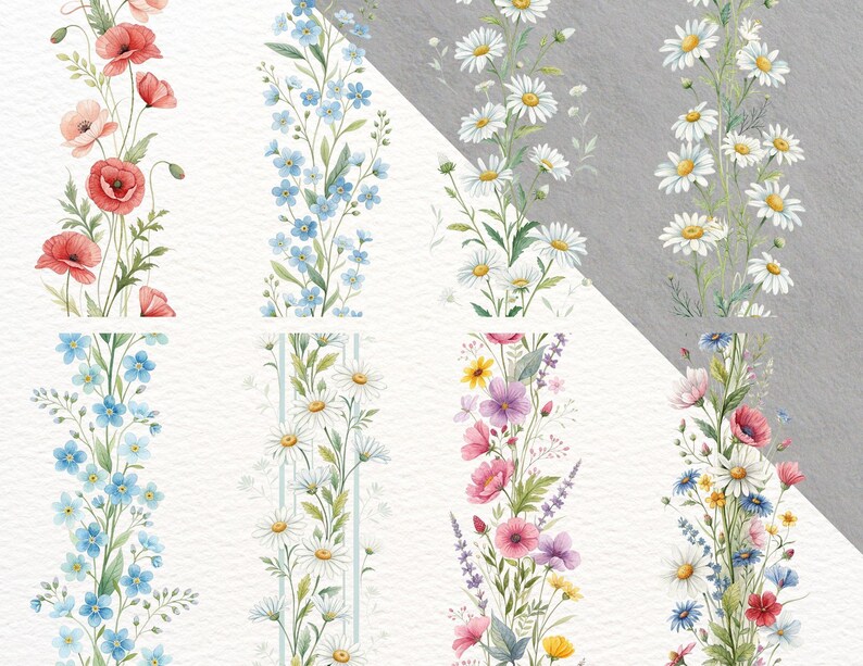 17 Seamless Vertical Floral Borders: Wildflower Watercolor Clipart, PNG ...