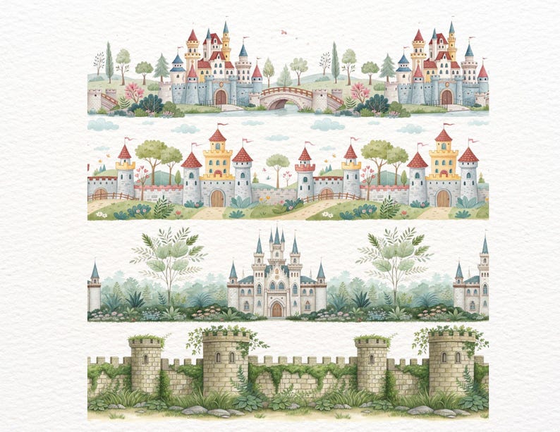 13 Seamless Castle Borders – Cute Medieval Fortress Clipart, Horizontal ...