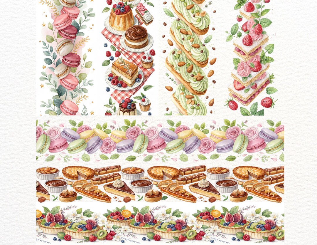 21 Watercolor Seamless Dessert Borders – French Sweets Clipart ...