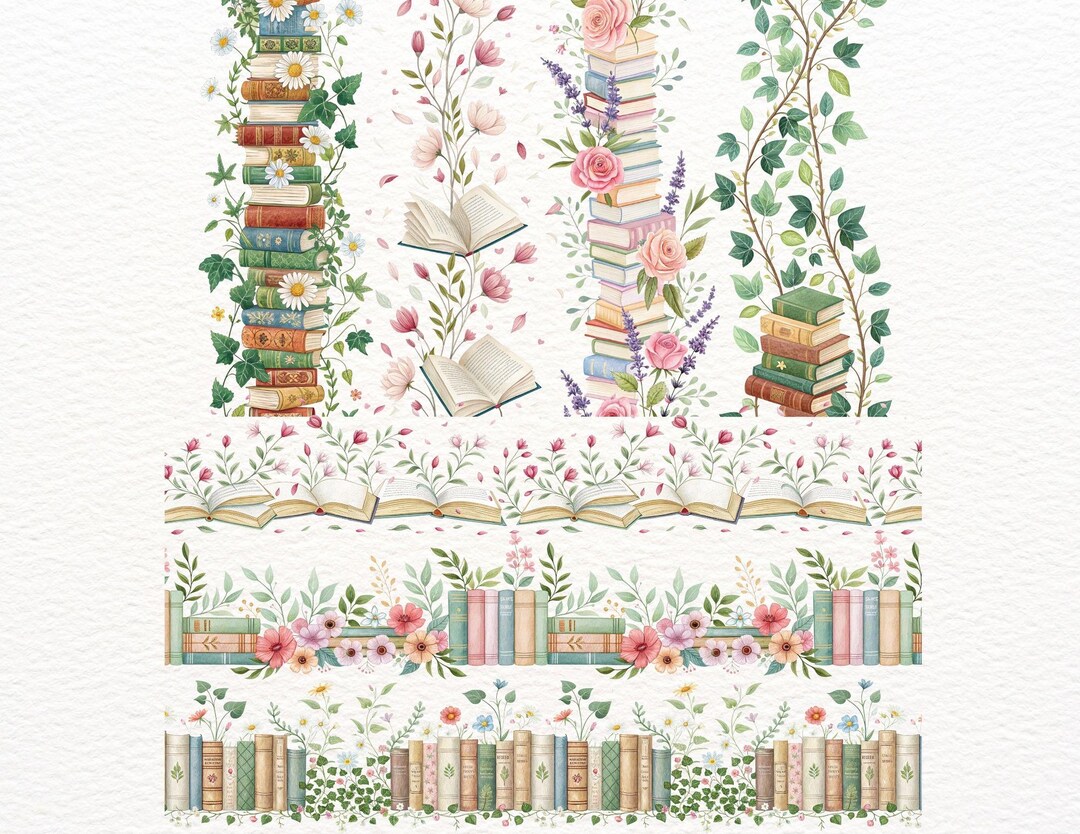 23 Watercolor Floral Book Seamless Borders Clipart | Book Illustration ...