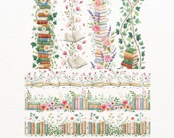 23 Watercolor Floral Book Seamless Borders Clipart | Book Illustration ...