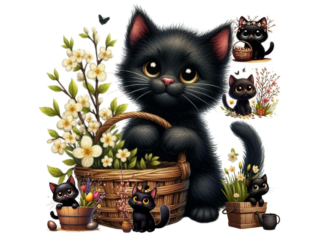 19 Black Spring Kittens Digital Stickers – Cute Spring Cat ...