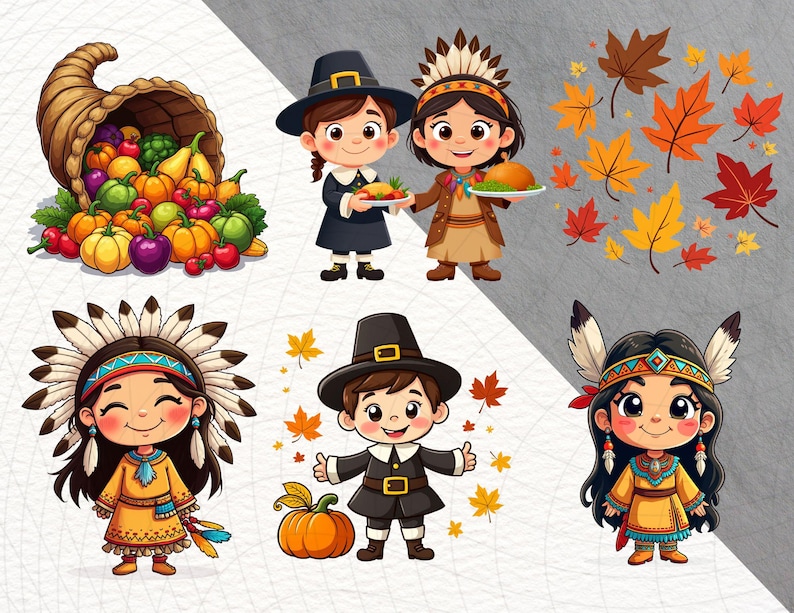 25 Cute Thanksgiving Clipart | Pilgrims, Native Americans, Turkey ...