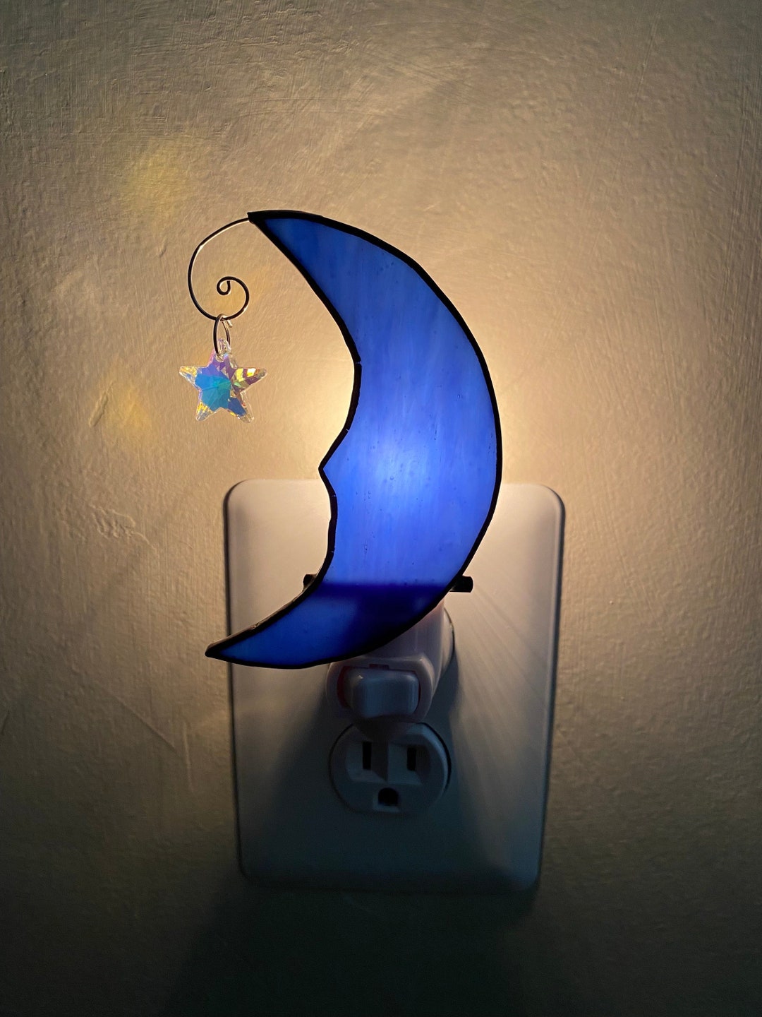 Stained Glass Moon and Star Celestial Nightlight, Moon Face, Light ...